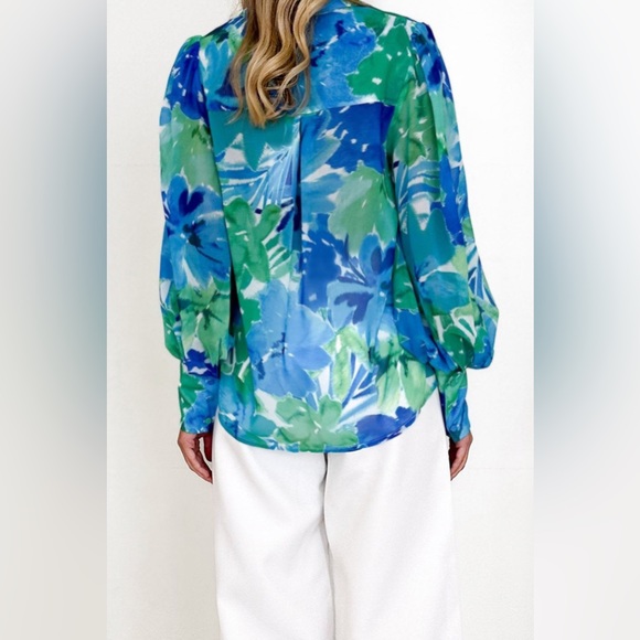 boutique | Tops | Matcha Green Printed Button Up Lantern Sleeve Shirt ...